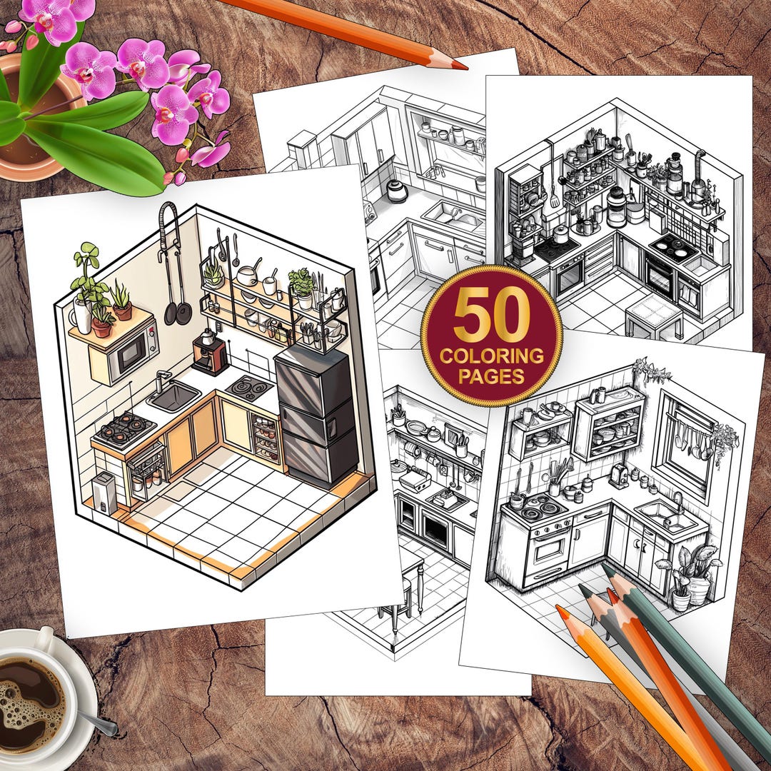 50 Isometric Kitchen Coloring Pages | Cozy Interior Design | Digital ...