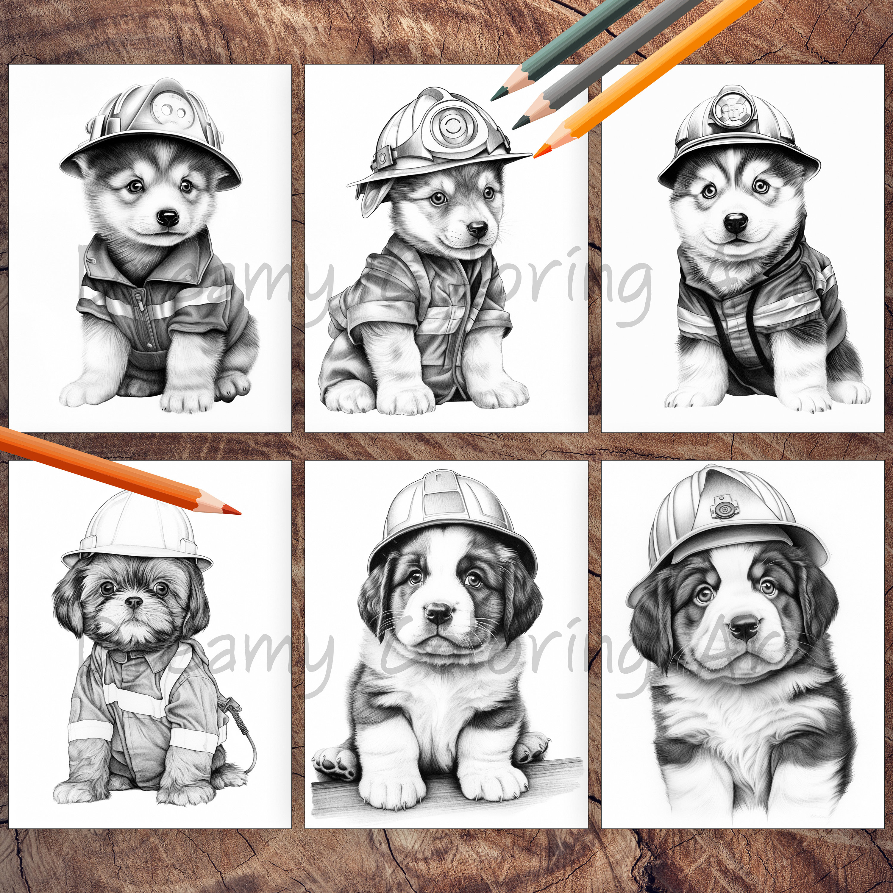Dog Coloring Book, Firefighter Puppies, Grayscale Coloring Book ...