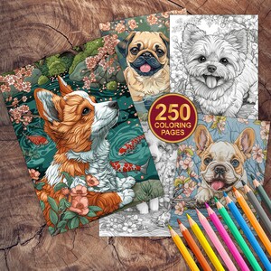 250 Cherry Blossom Dogs Coloring Book, Cute Puppy Floral Designs ...