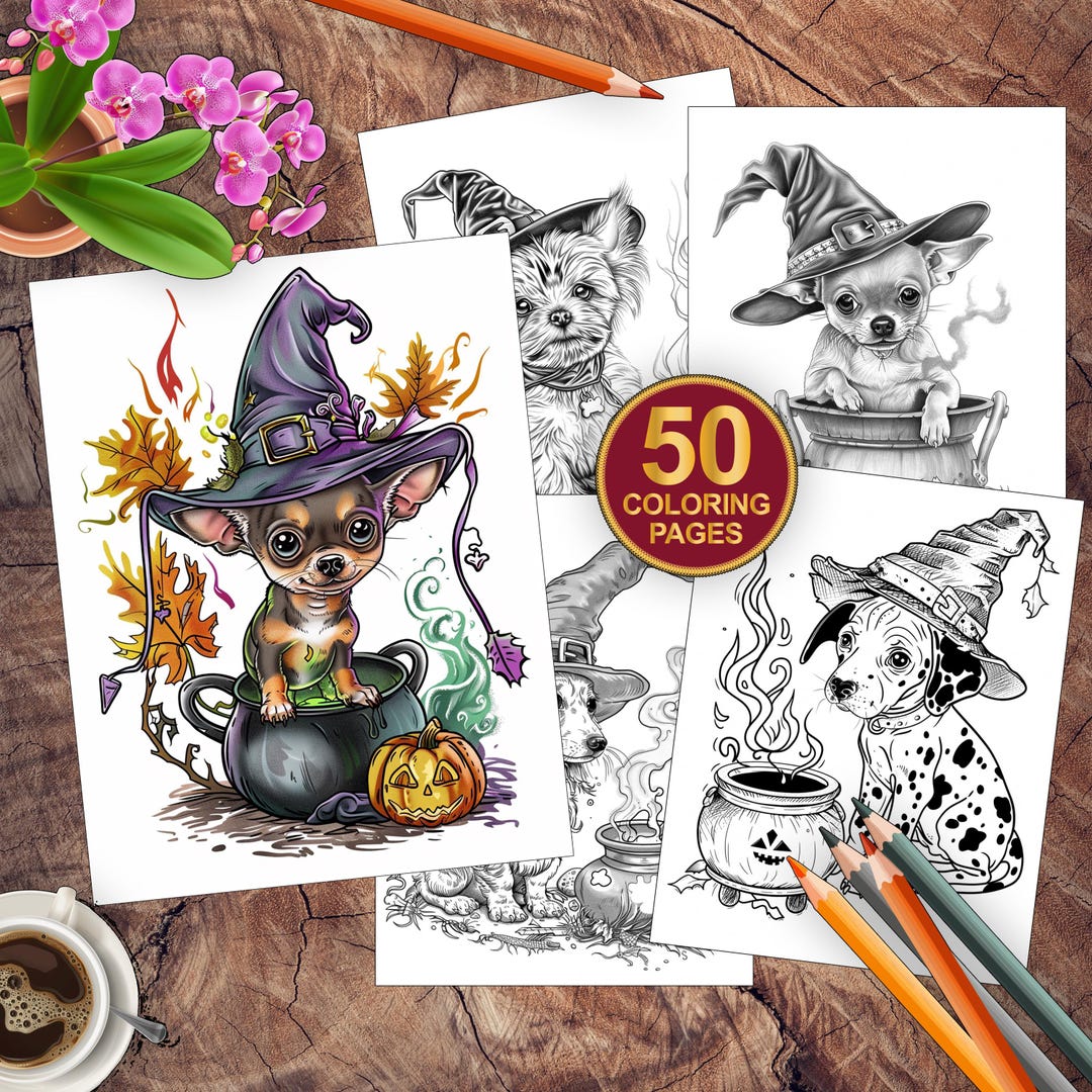 50 Halloween Puppies Witchy Coloring Pages | Grayscale Adult Coloring ...