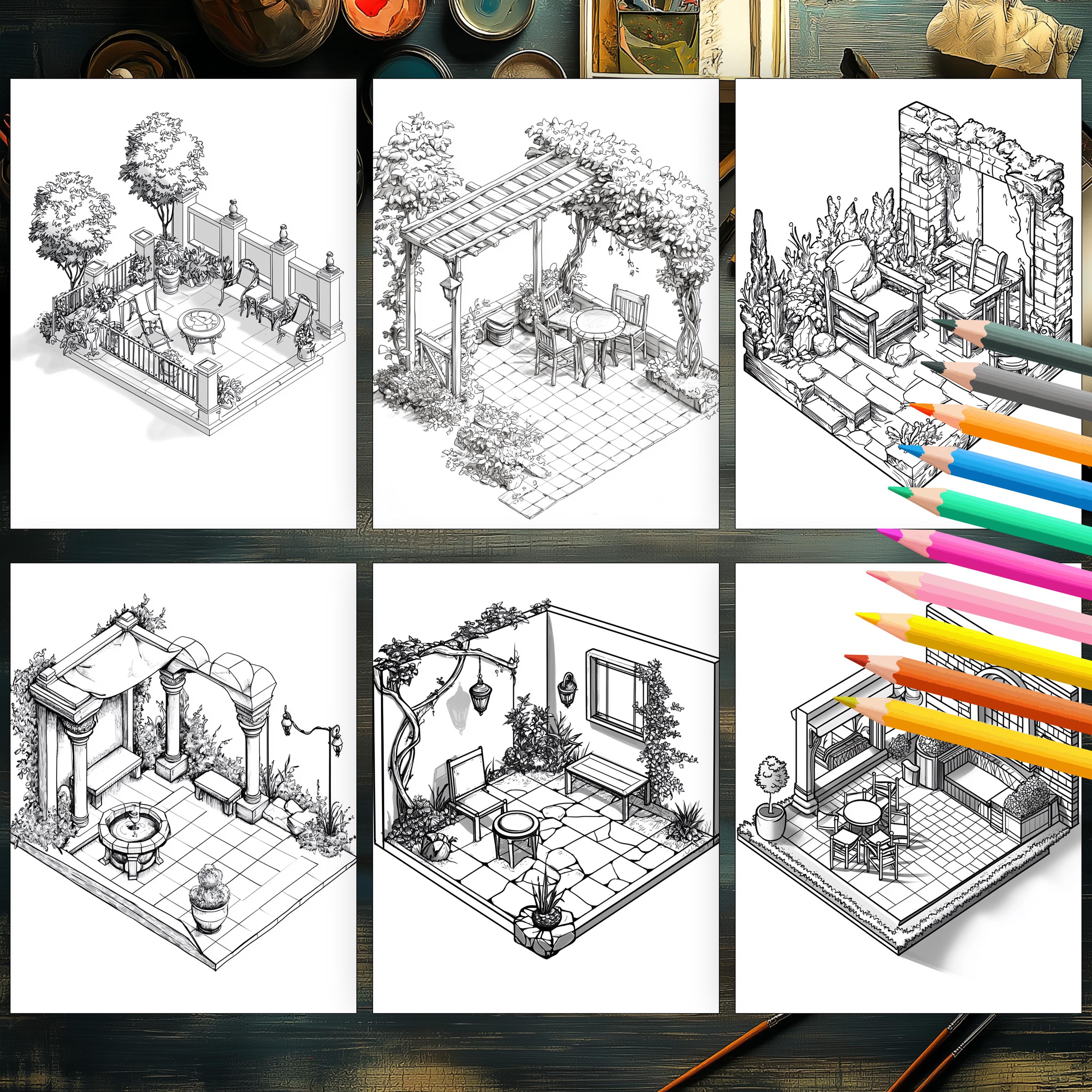 50 Isometric Home Patio Coloring Pages | Pocket Room Coloring Book ...