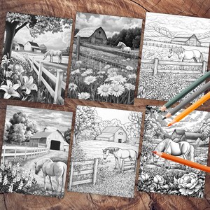 50 Country Farm Scenes Coloring Pages | Floral Horses Coloring Book ...