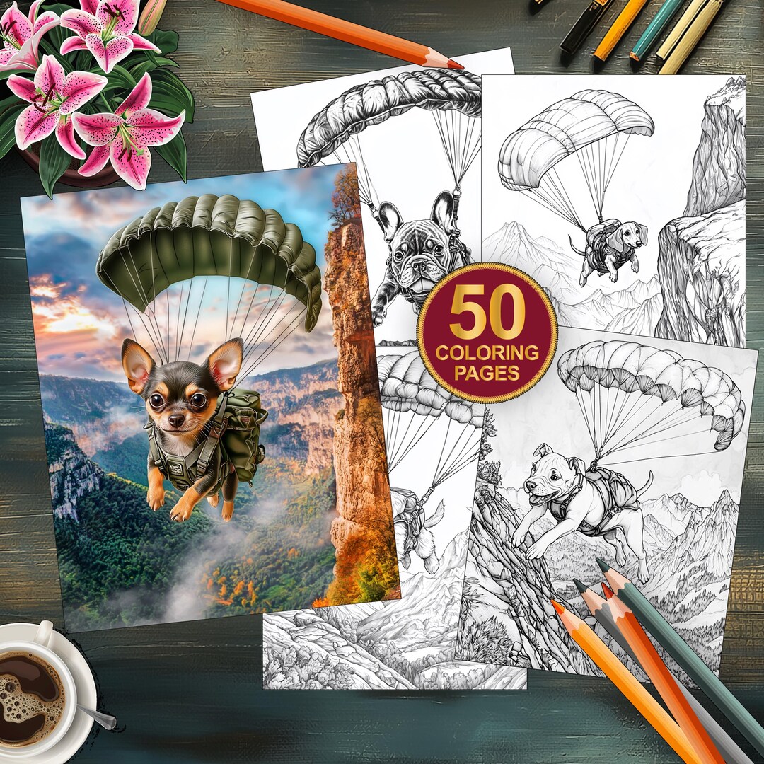 50 Dogs Parachuting Coloring Pages | Funny Puppy Coloring Pages for ...