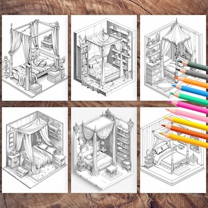 50 Isometric Room Coloring Book | Aesthetic Adult Coloring Page ...