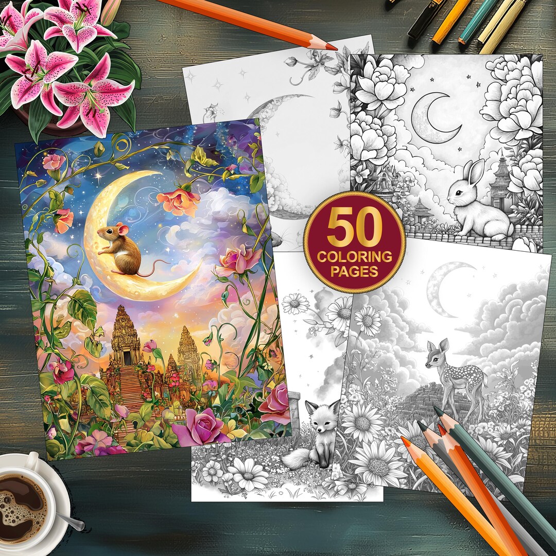 50 Floral Moon Coloring Pages, Animal Digital Download for Adults and ...