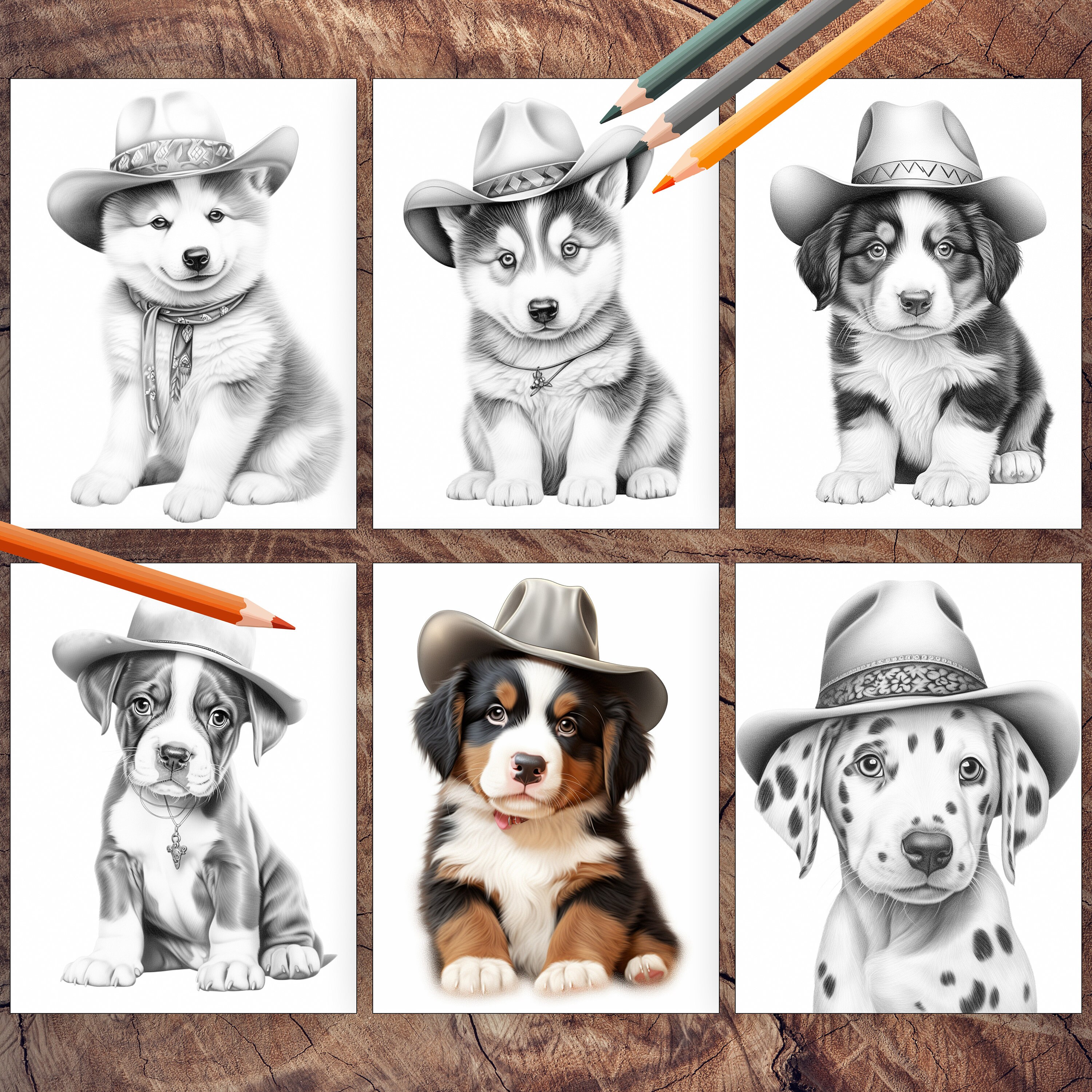 Cowboy Dogs Coloring Book, Adults Kids, Instant Download, Grayscale ...