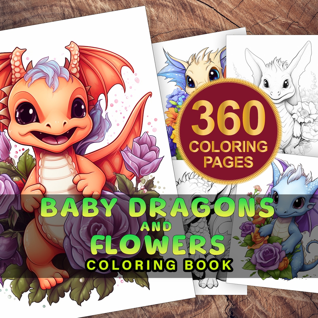 Baby Dragon Coloring Page Book, Dragons and Flowers, Fantasy Coloring ...