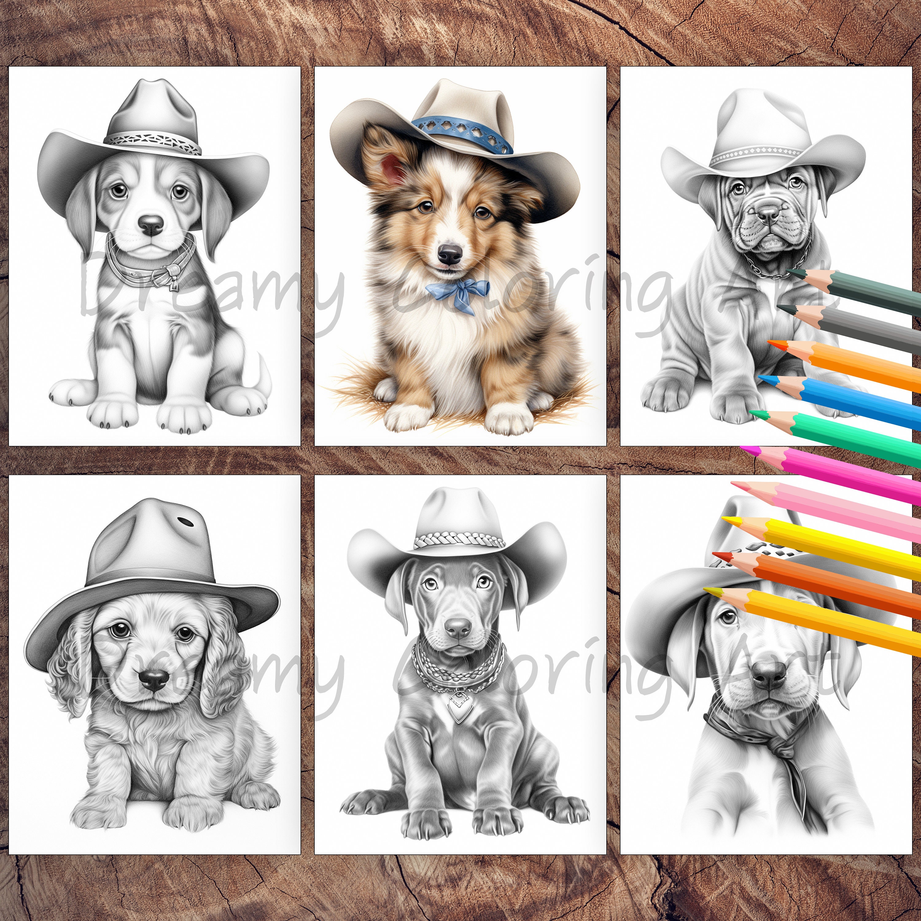 Cowboy Dogs Coloring Book, Adults Kids, Instant Download, Grayscale ...