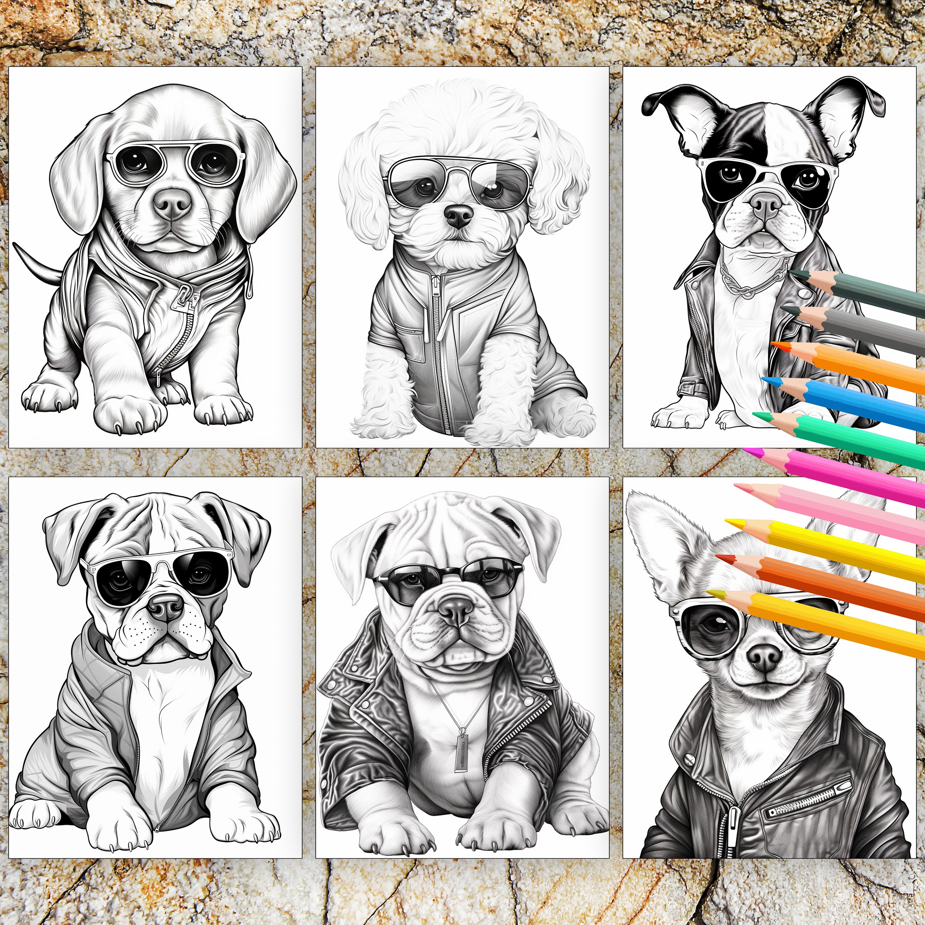 Dogs Coloring Page Book, Adults Kids, Puppy Dog Lover, Grayscale ...