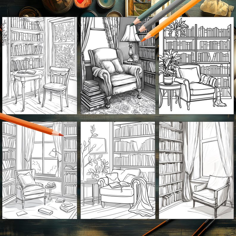 50 Cozy Libraries Coloring Pages | Printable Adult Coloring Book ...