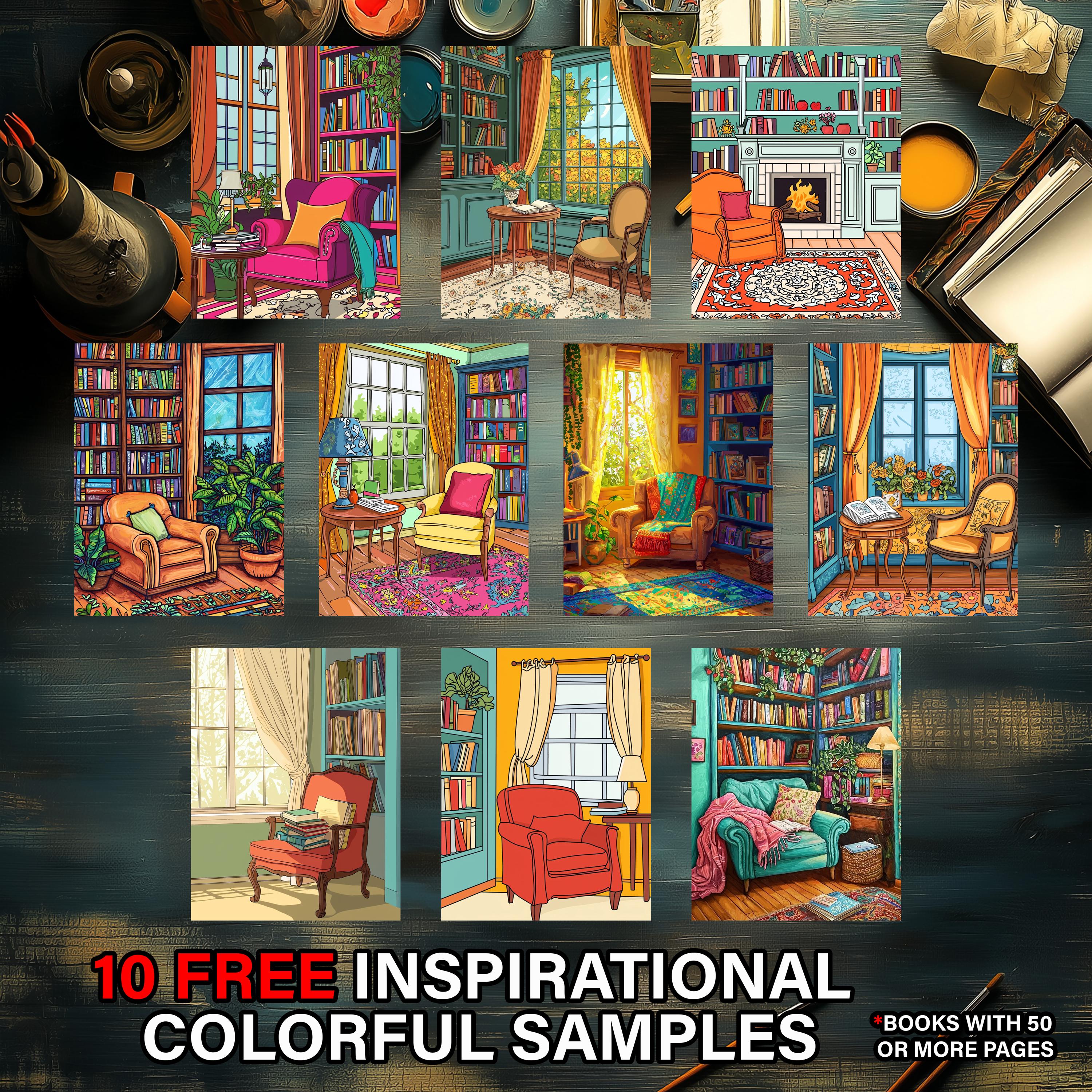50 Cozy Libraries Coloring Pages | Printable Adult Coloring Book ...