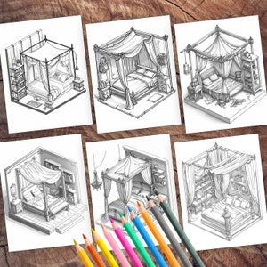 50 Isometric Room Coloring Book | Aesthetic Adult Coloring Page ...