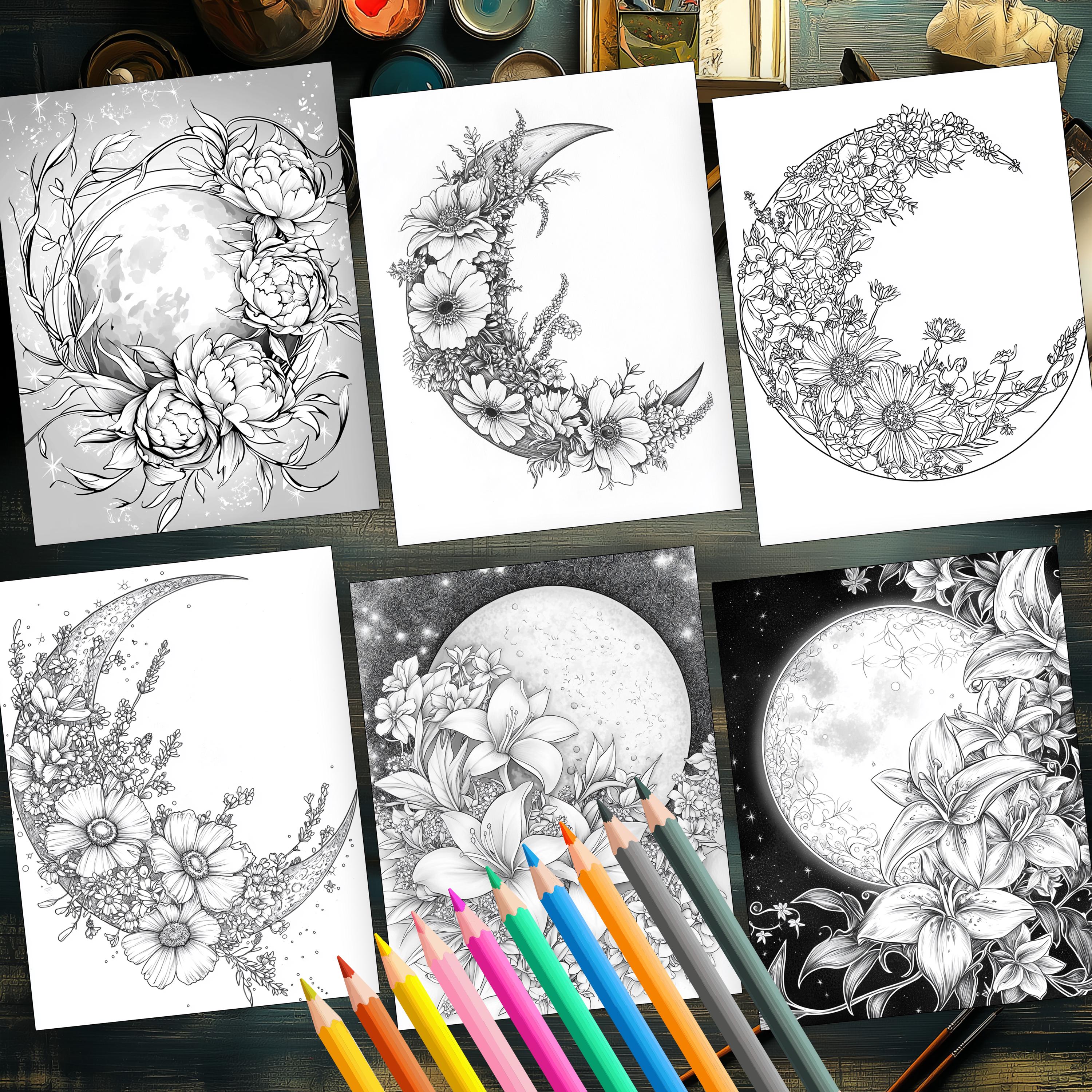 50 Floral Moon Coloring Pages | Digital Download for Adults and Kids ...