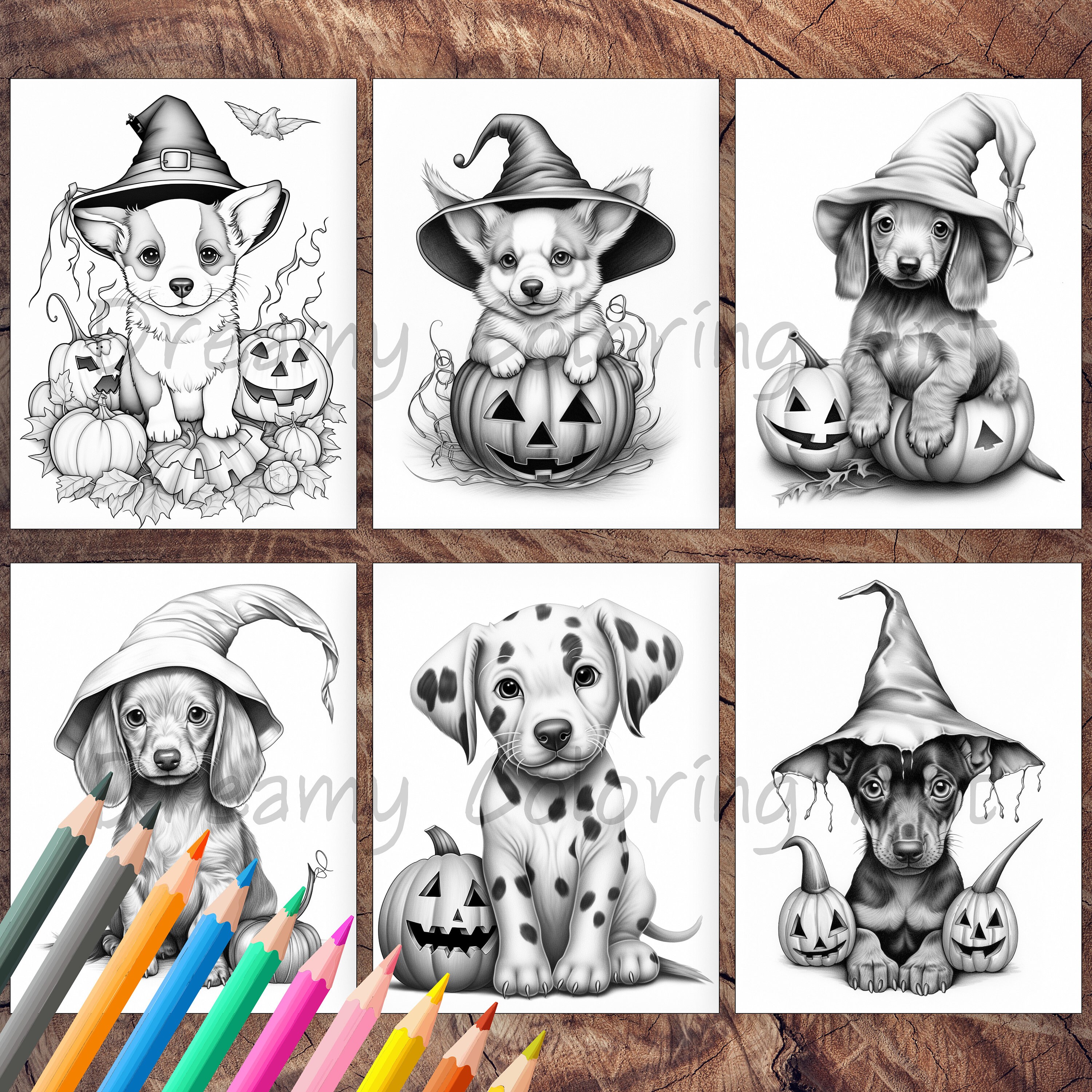 Halloween Dogs Coloring Page Book, Grayscale Coloring Book, Coloring ...