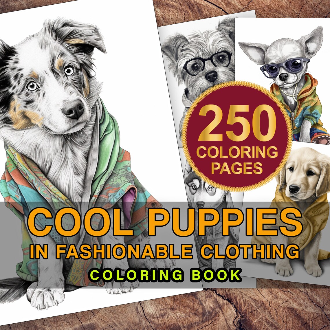 Dogs Coloring Page Book, Adults + Kids, Instant Download Grayscale ...