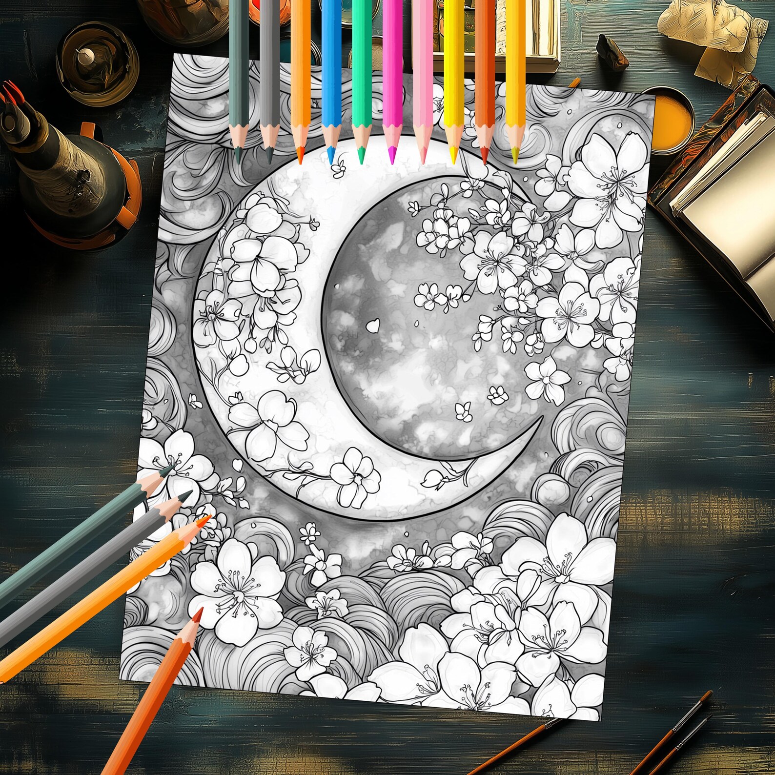 50 Floral Moon Coloring Pages | Digital Download for Adults and Kids ...