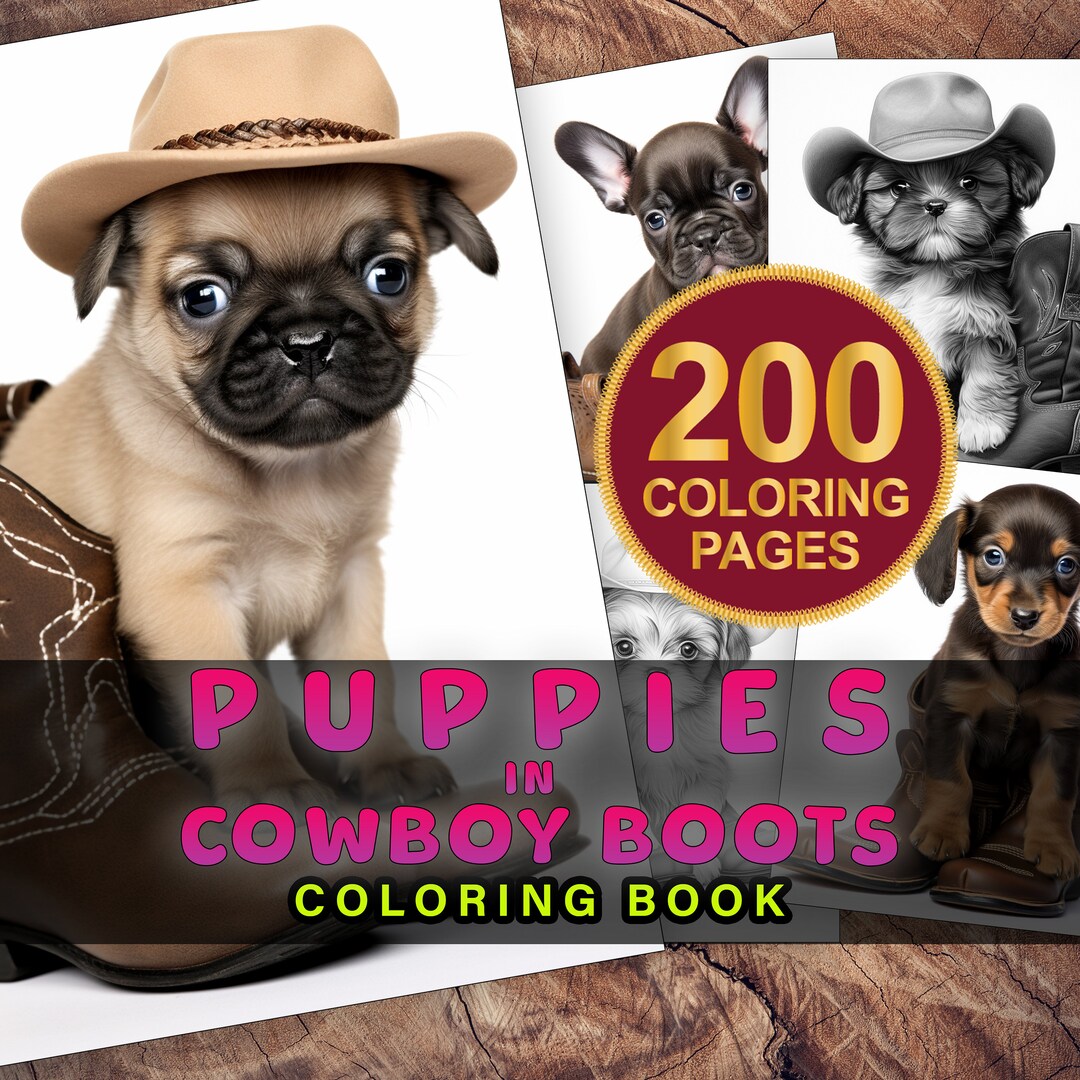 Dogs Coloring Page Book, Puppies in Cowboy Boots, Grayscale Coloring ...