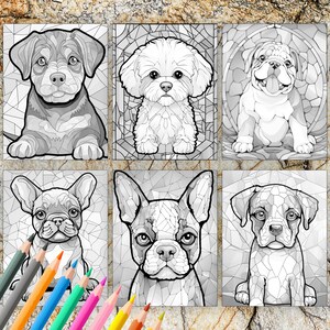 Stained Glass Dogs Coloring Page Book, Instant Download Grayscale ...