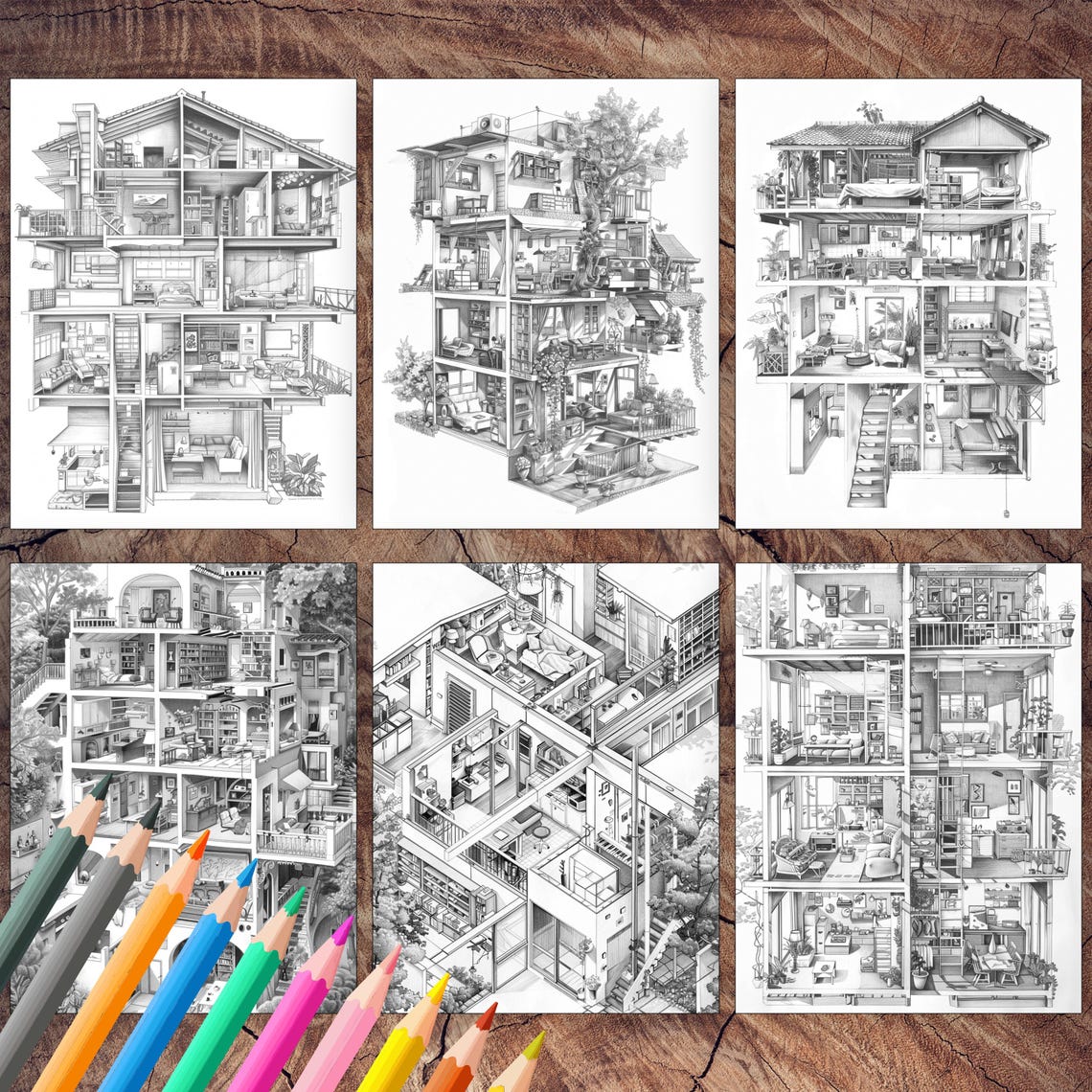 50 Apartment Homes Coloring Pages Vol. 2 House Adult Coloring Pages ...