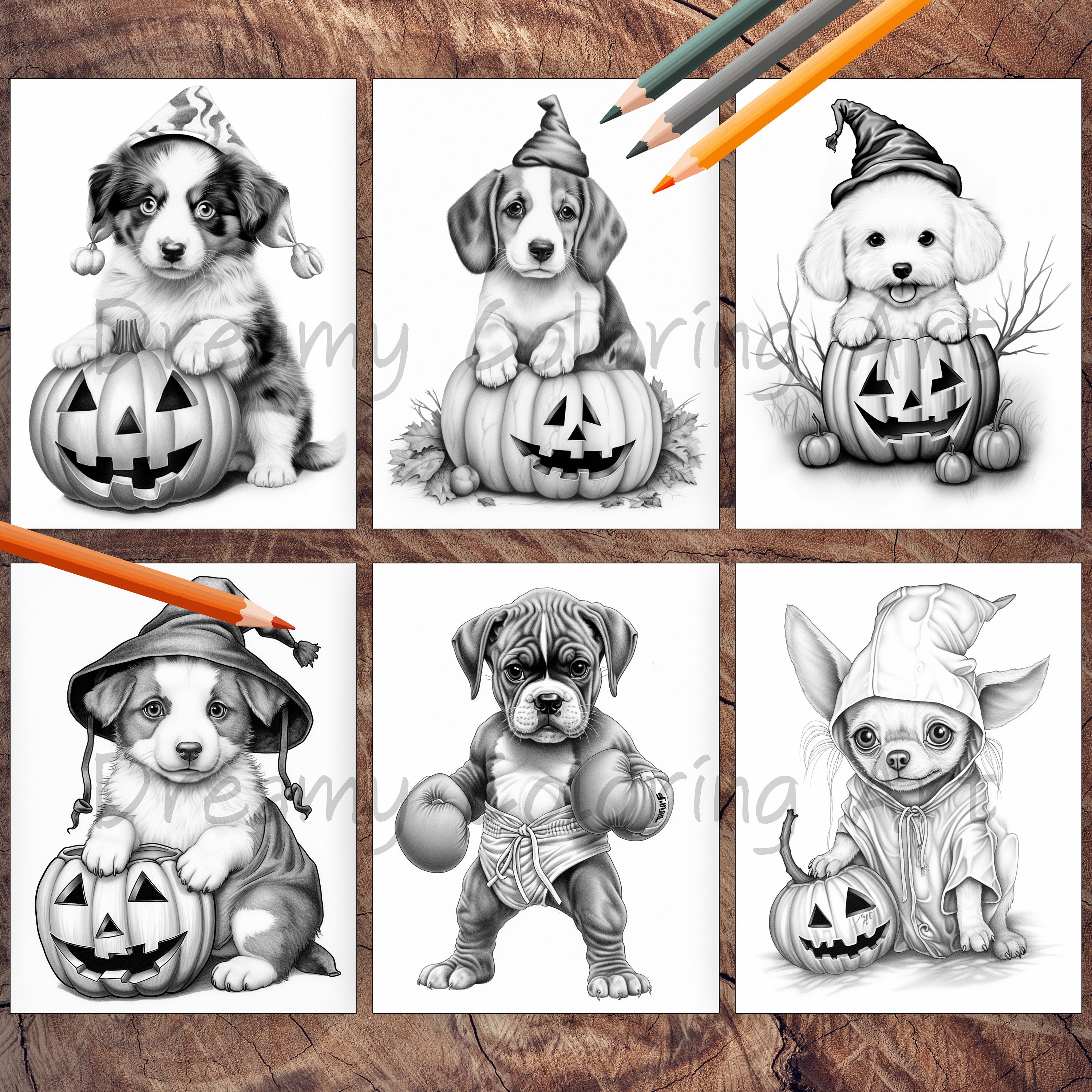 Halloween Dogs Coloring Page Book, Grayscale Coloring Book, Coloring ...