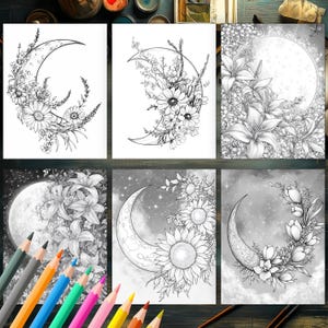 50 Floral Moon Coloring Pages | Digital Download for Adults and Kids ...