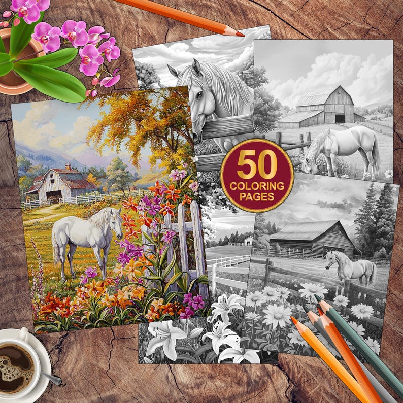 50 Country Farm Scenes Coloring Pages | Floral Horses Coloring Book ...