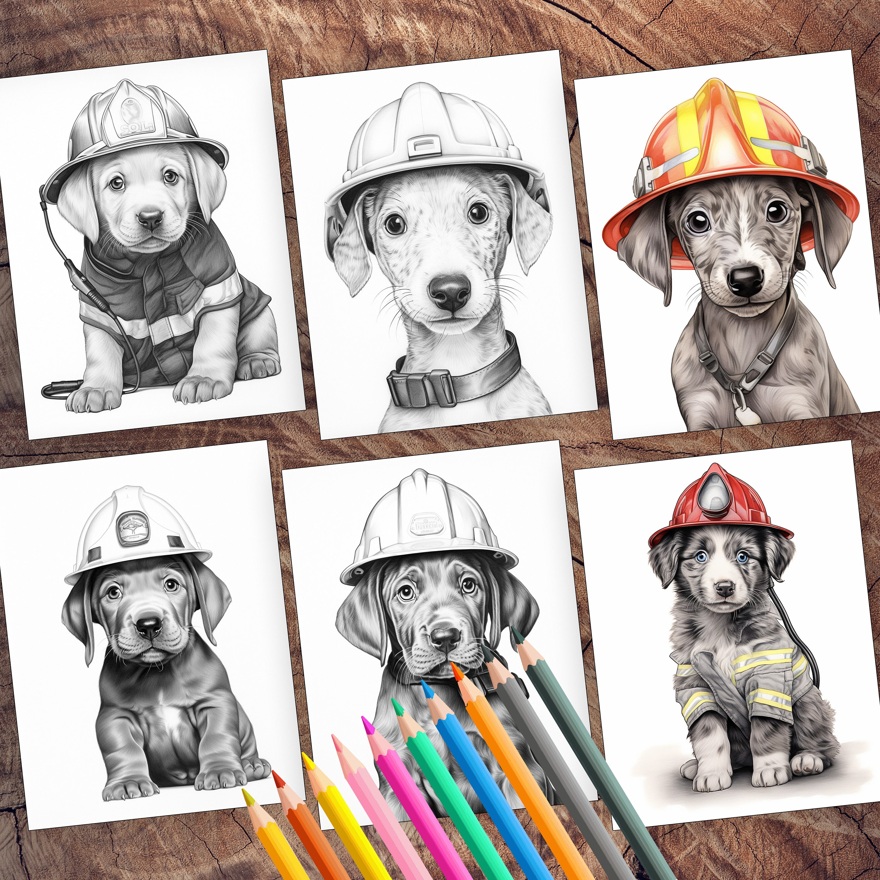 Dog Coloring Book, Firefighter Puppies, Grayscale Coloring Book ...