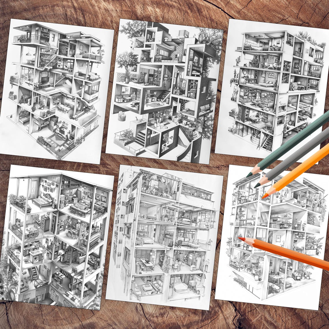 50 Apartment Homes Coloring Pages Vol. 2 House Adult Coloring Pages ...