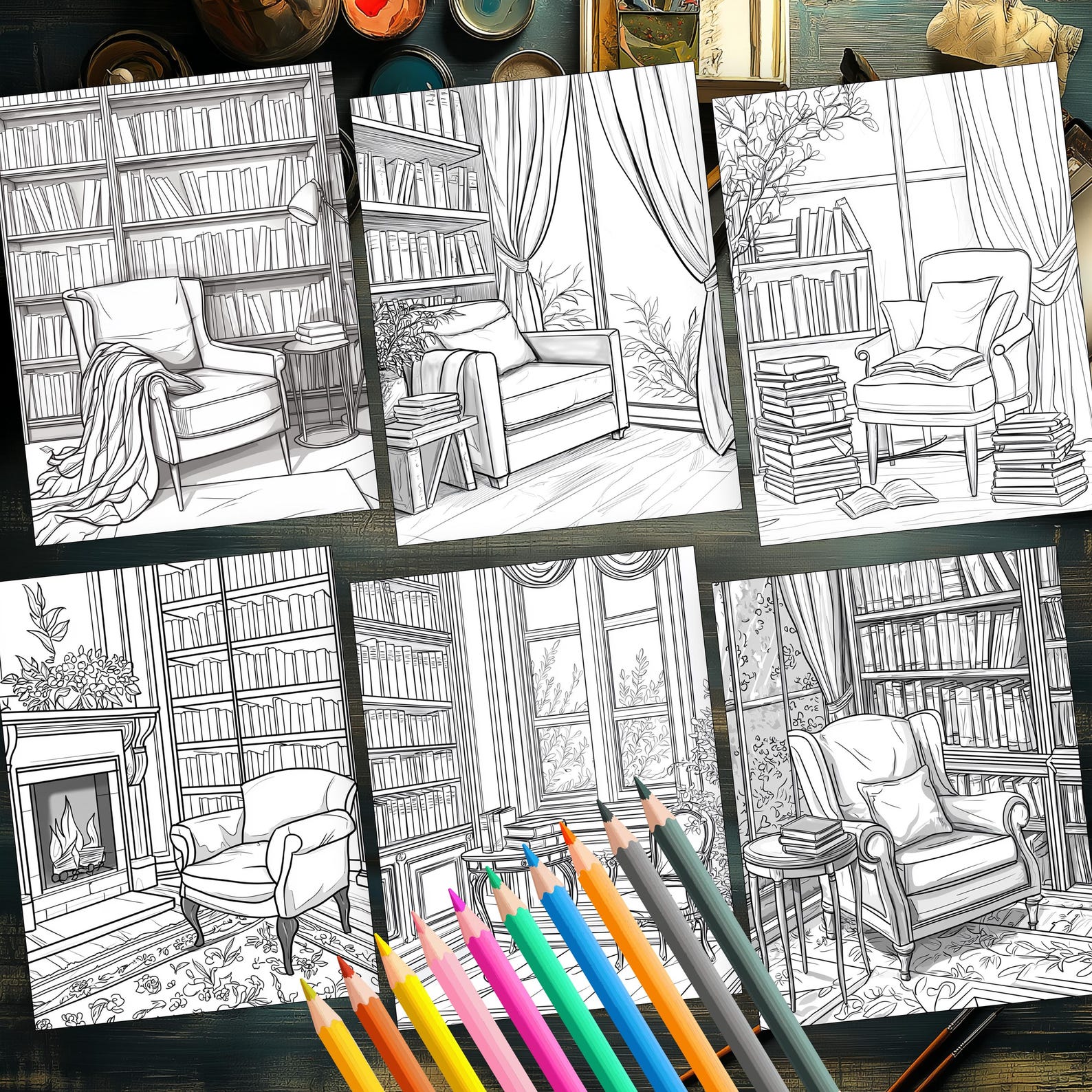 50 Cozy Libraries Coloring Pages | Printable Adult Coloring Book ...
