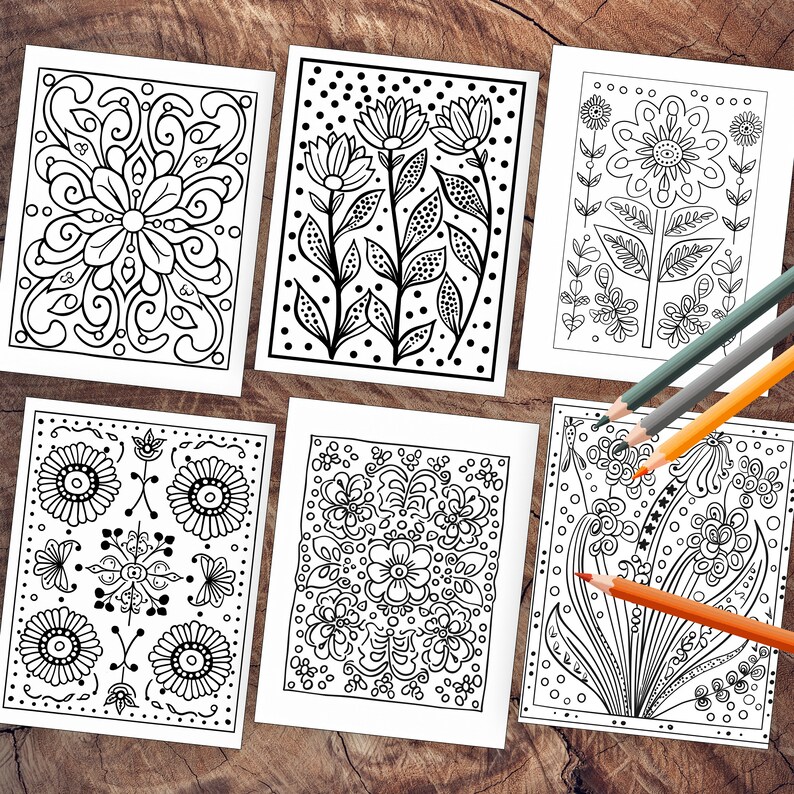 50 Boho Flowers Coloring Page | Folk Florals Digital Coloring Pages ...