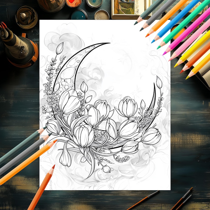 50 Floral Moon Coloring Pages | Digital Download for Adults and Kids ...