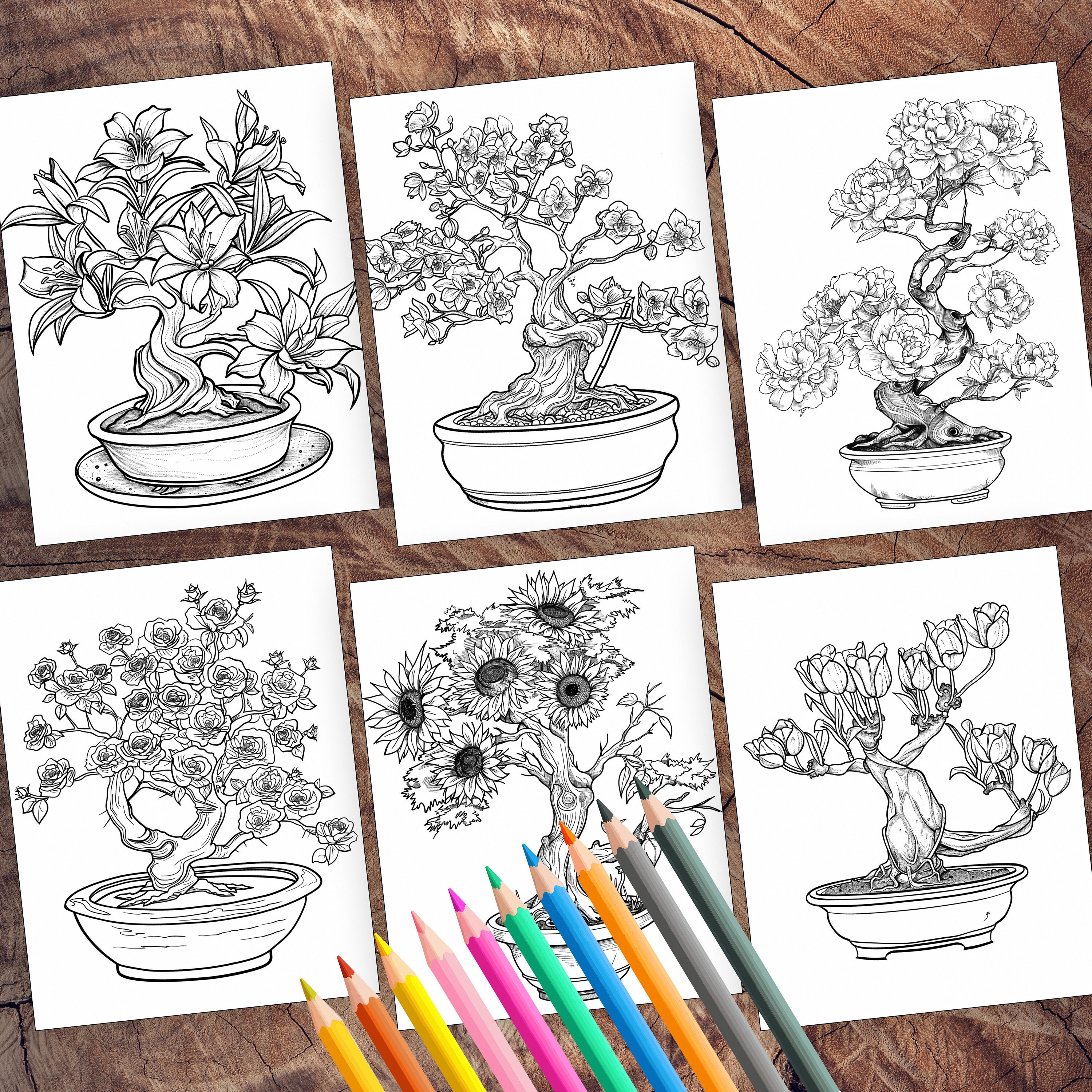 50 Bonsai Trees Coloring Pages | Botanical Coloring | Fantasy Flower ...