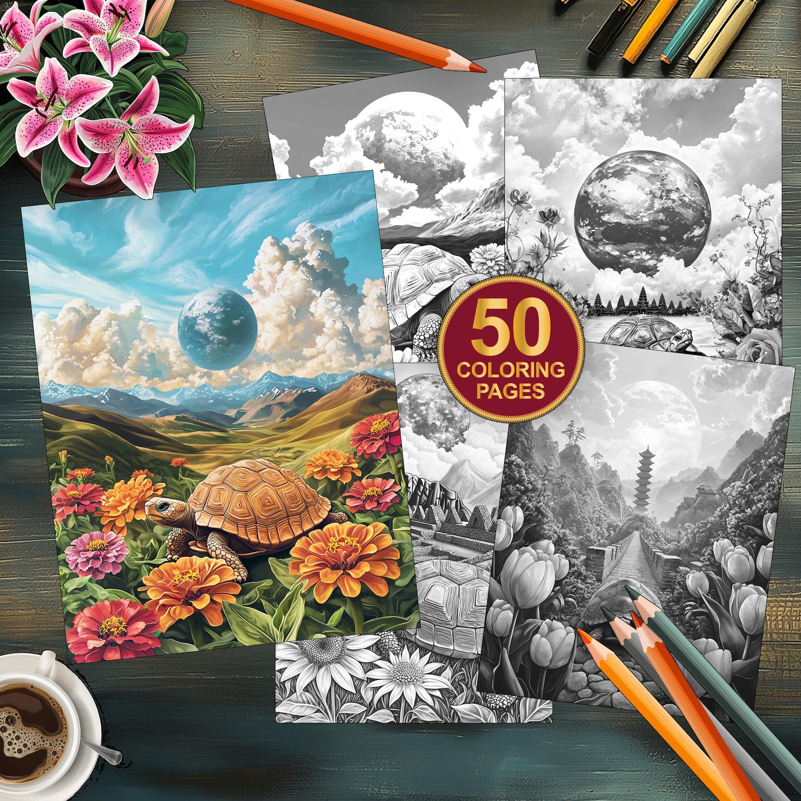 50 Tortoise Coloring Pages | Floral Coloring Pages | Turtle Coloring ...