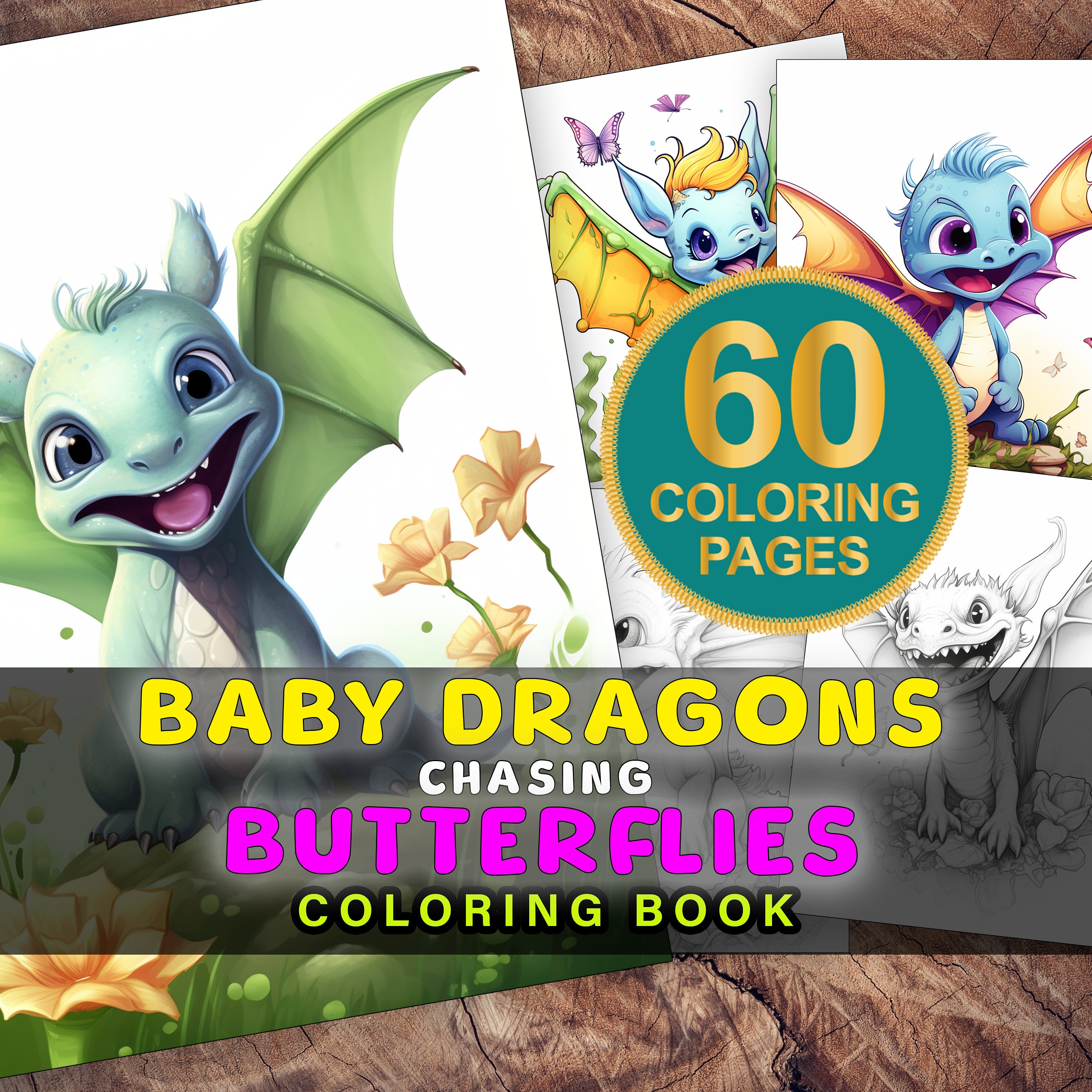 Baby Dragon Coloring Page Book Dragons Chasing Butterflies - Etsy