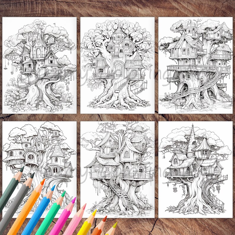 80 Enchanted Treehouse Coloring Pages | Fantasy Coloring Book for ...