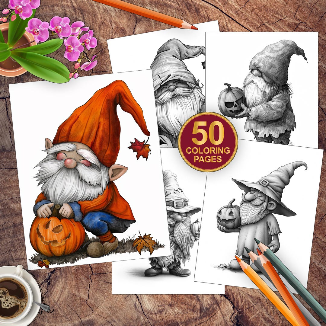50 Halloween Gnome Coloring Pages Charming Gnome Adult Coloring Book ...