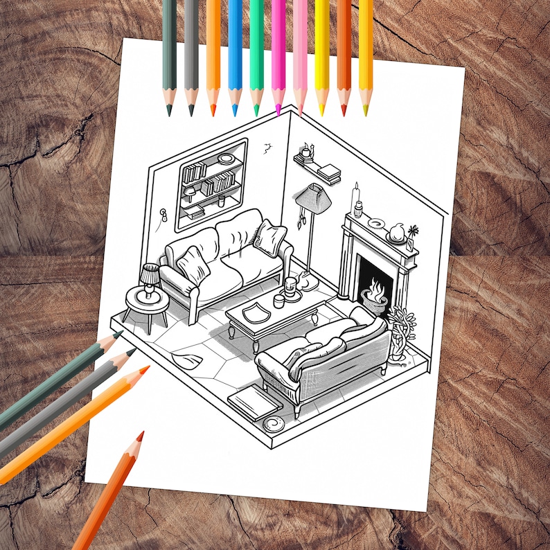 50 Pocket Room Coloring Book Aesthetic Adult Coloring Page Isometric ...