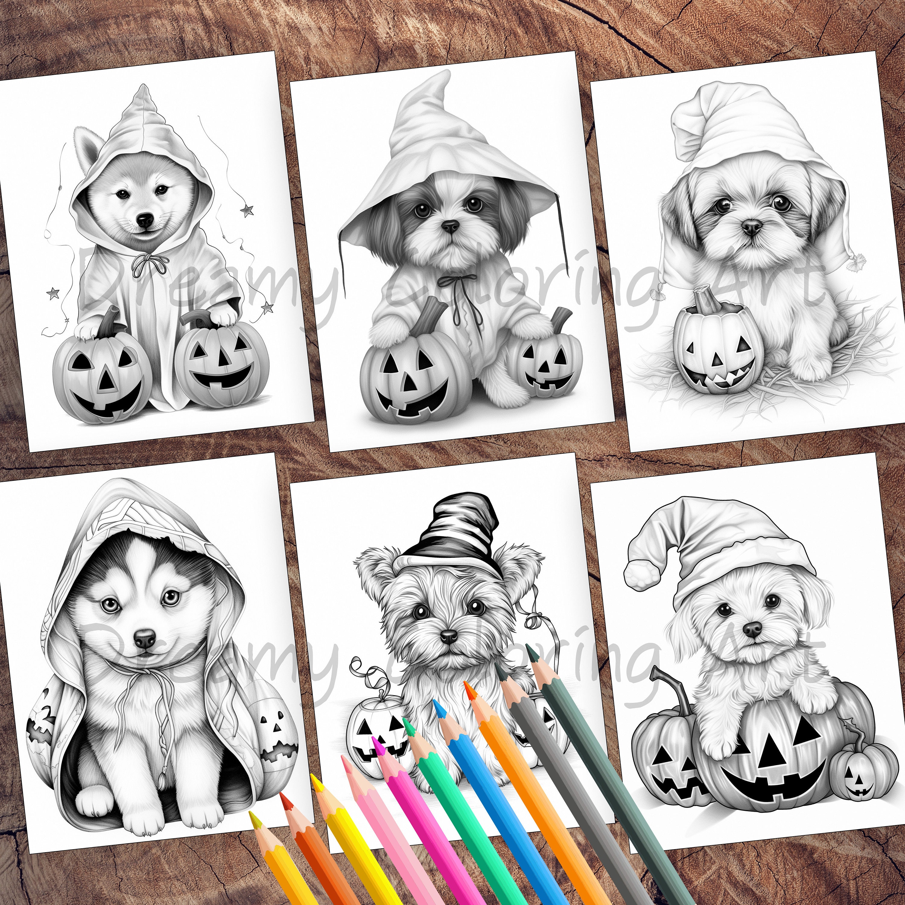 Halloween Dogs Coloring Page Book, Grayscale Coloring Book, Coloring ...