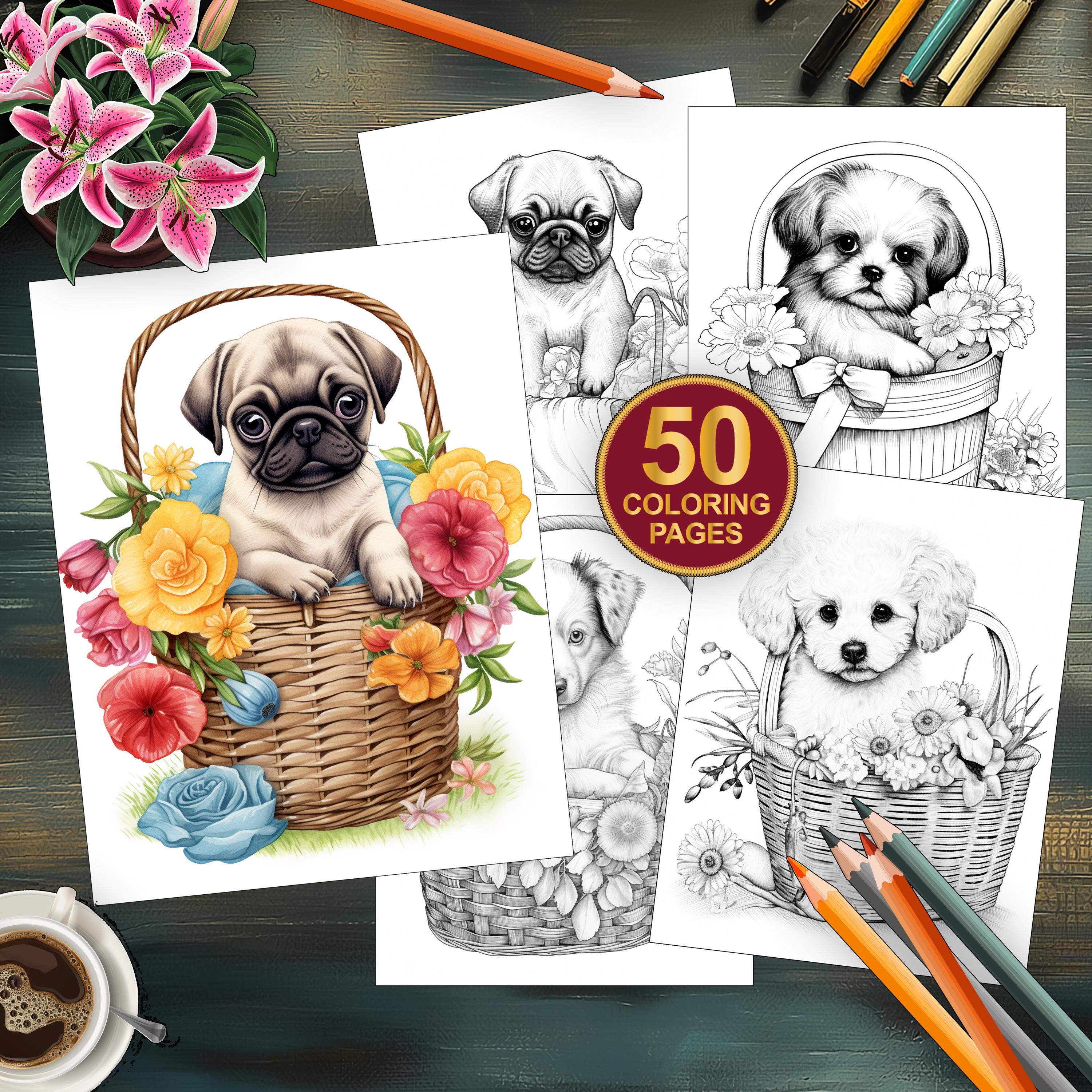 50 Floral Puppies Coloring Book - Cute Puppy Coloring Pages for Kids ...