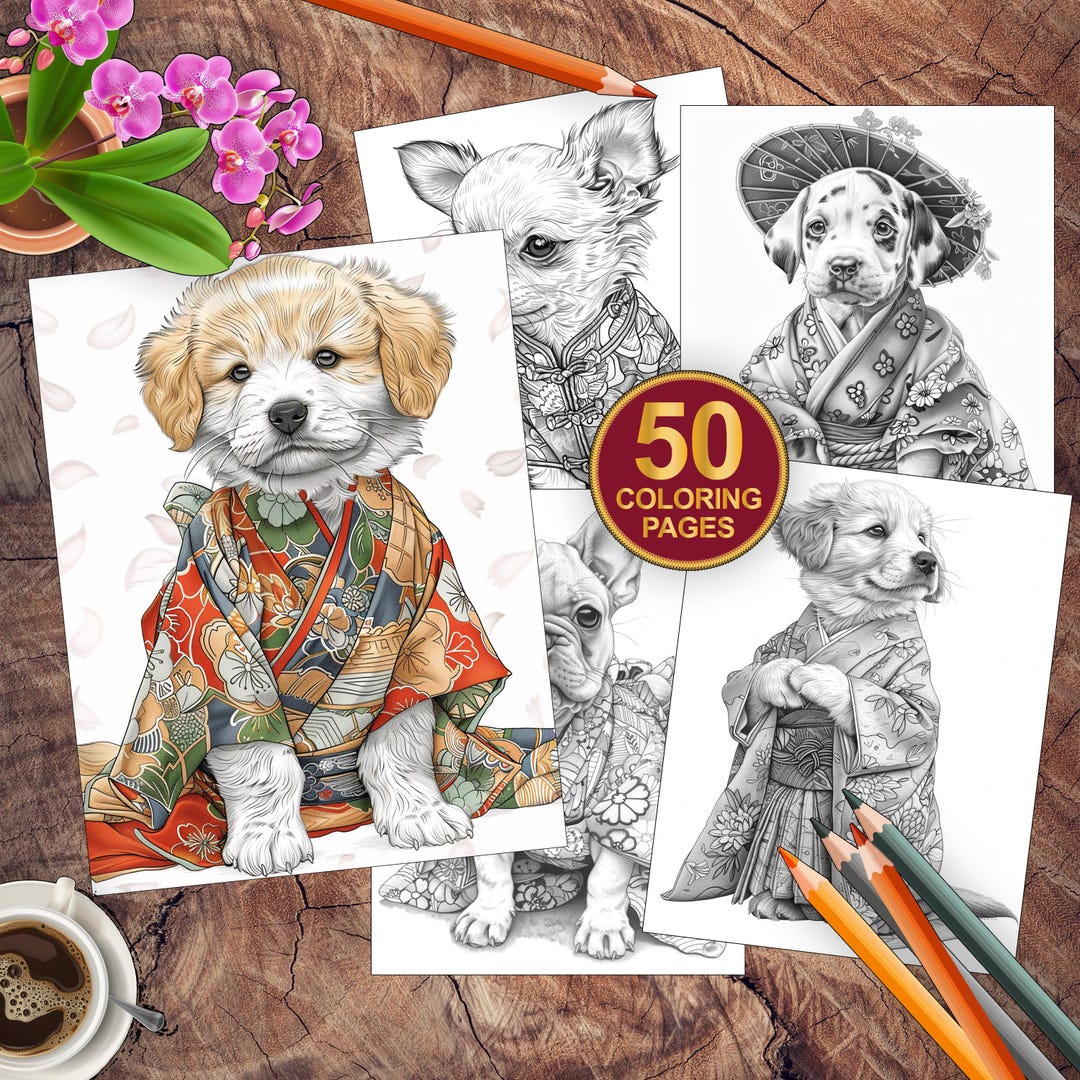50 Puppies Wearing Japanese Clothing | Dogs Coloring Pages | Adults ...