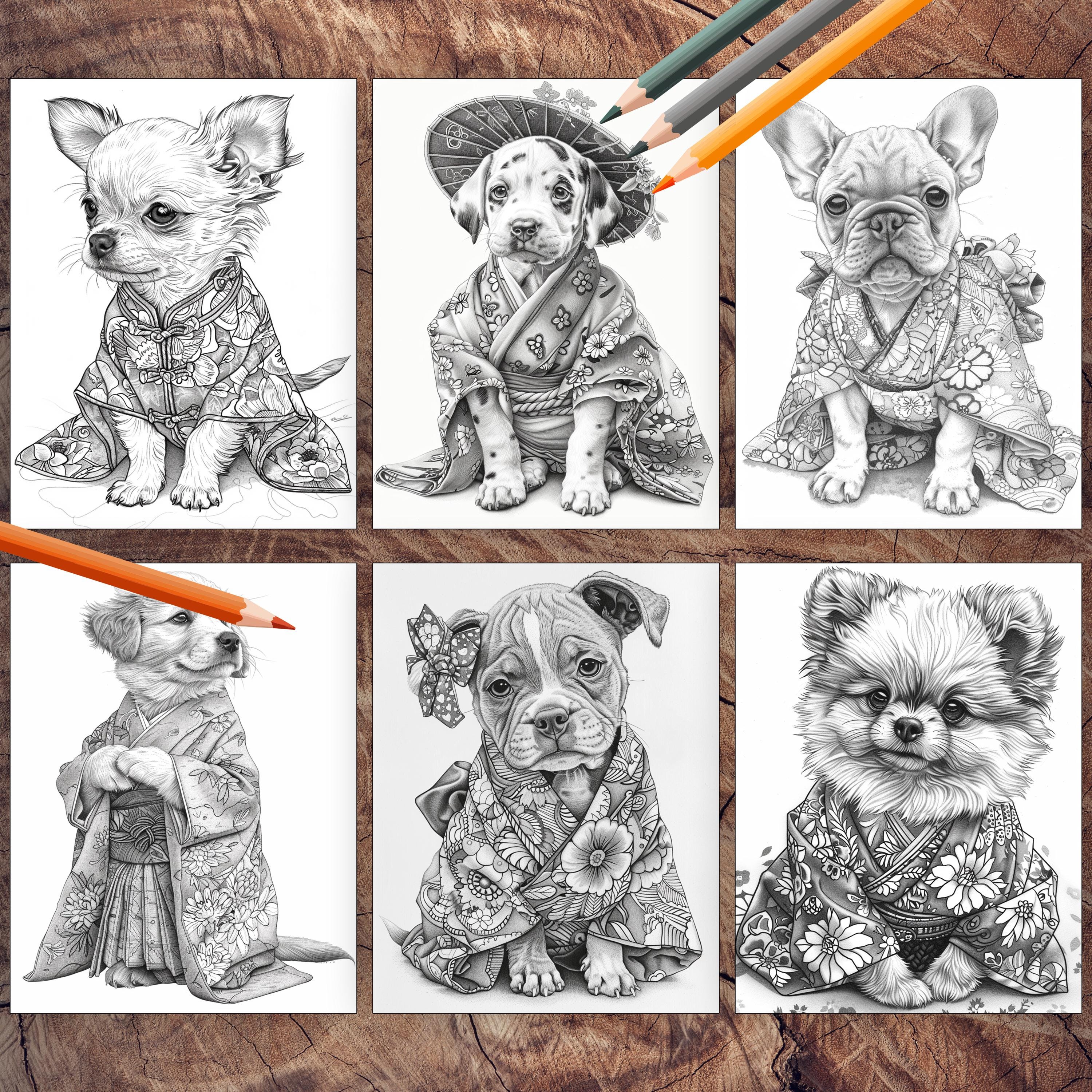 50 Puppies Wearing Japanese Clothing | Dogs Coloring Pages | Adults ...