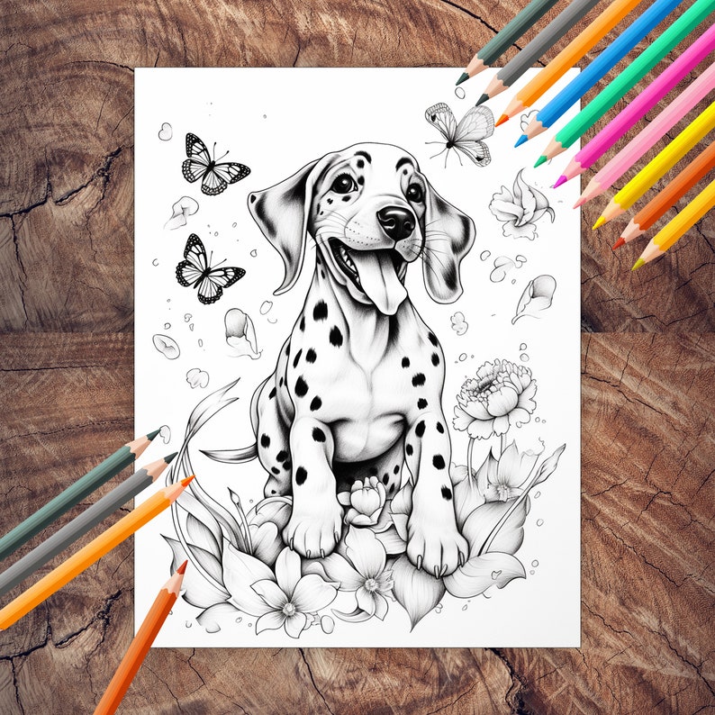 Dalmation Dogs Coloring Page Book, Grayscale Coloring Book, Coloring ...