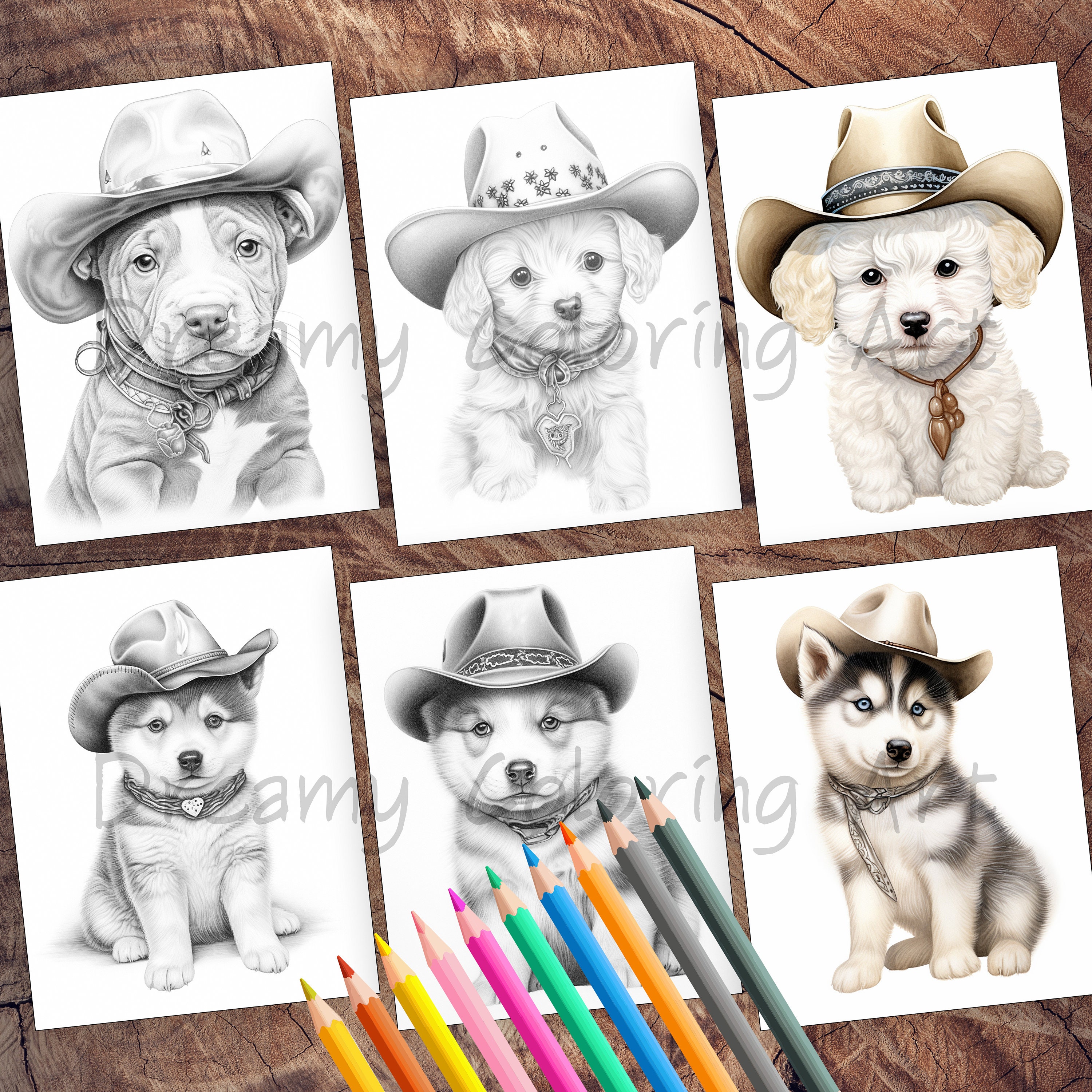 Cowboy Dogs Coloring Book, Adults Kids, Instant Download, Grayscale ...