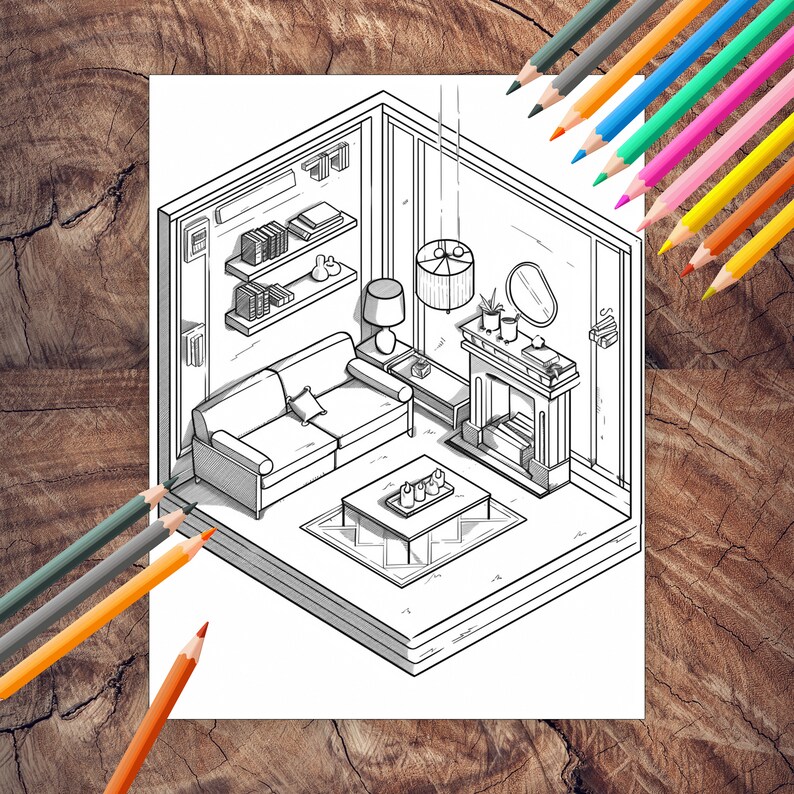 50 Pocket Room Coloring Book Aesthetic Adult Coloring Page Isometric ...