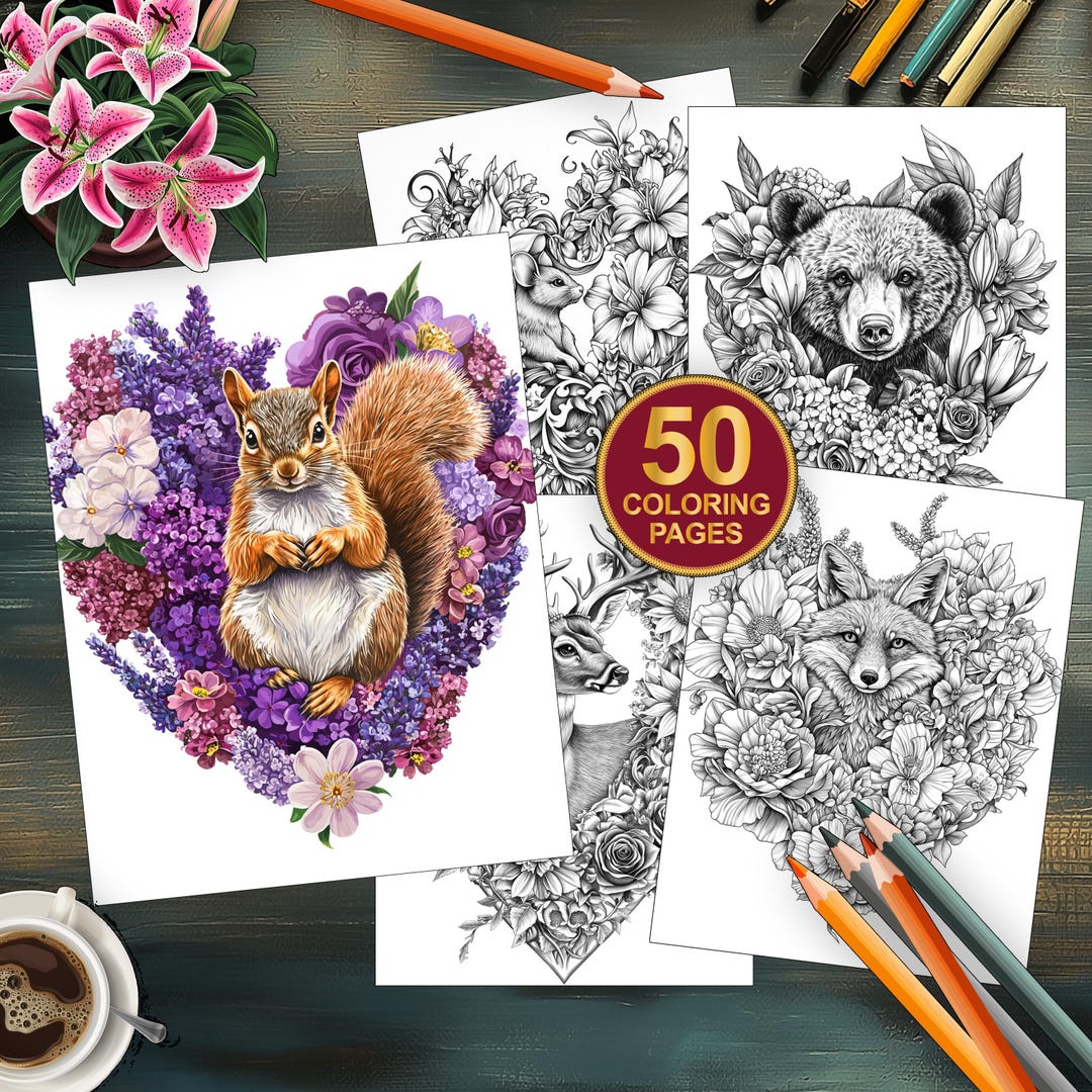50 Valentine Woodland Animals Coloring Pages | Mandala Grayscale ...