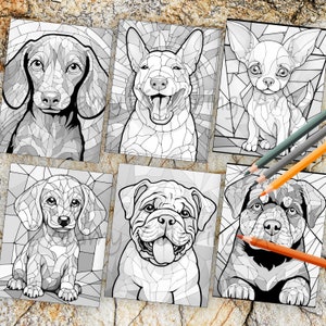 Stained Glass Dogs Coloring Page Book, Instant Download Grayscale ...