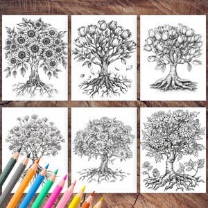 50 Fantasy Flower Trees Coloring Pages | Botanical Coloring | Flower ...