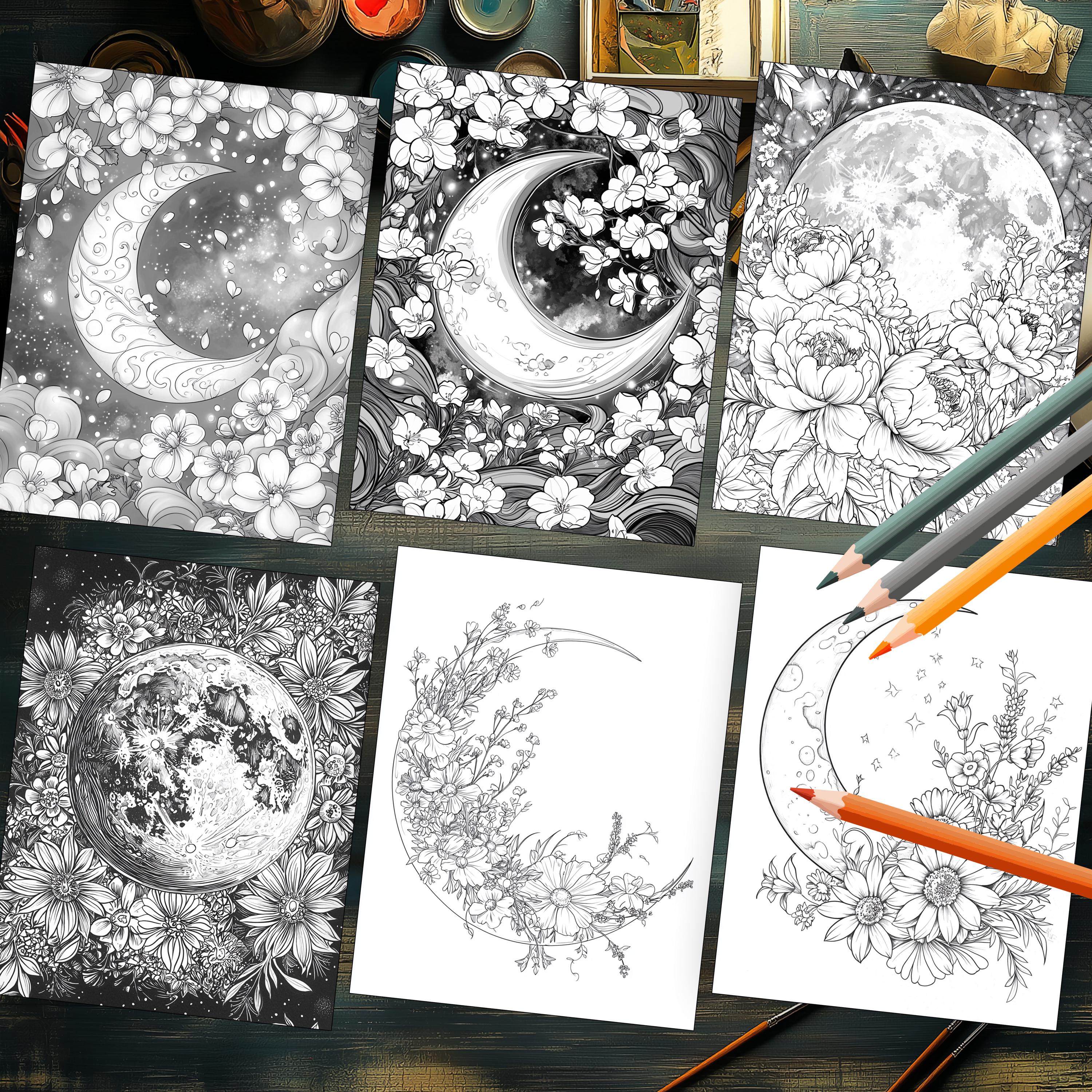 50 Floral Moon Coloring Pages | Digital Download for Adults and Kids ...