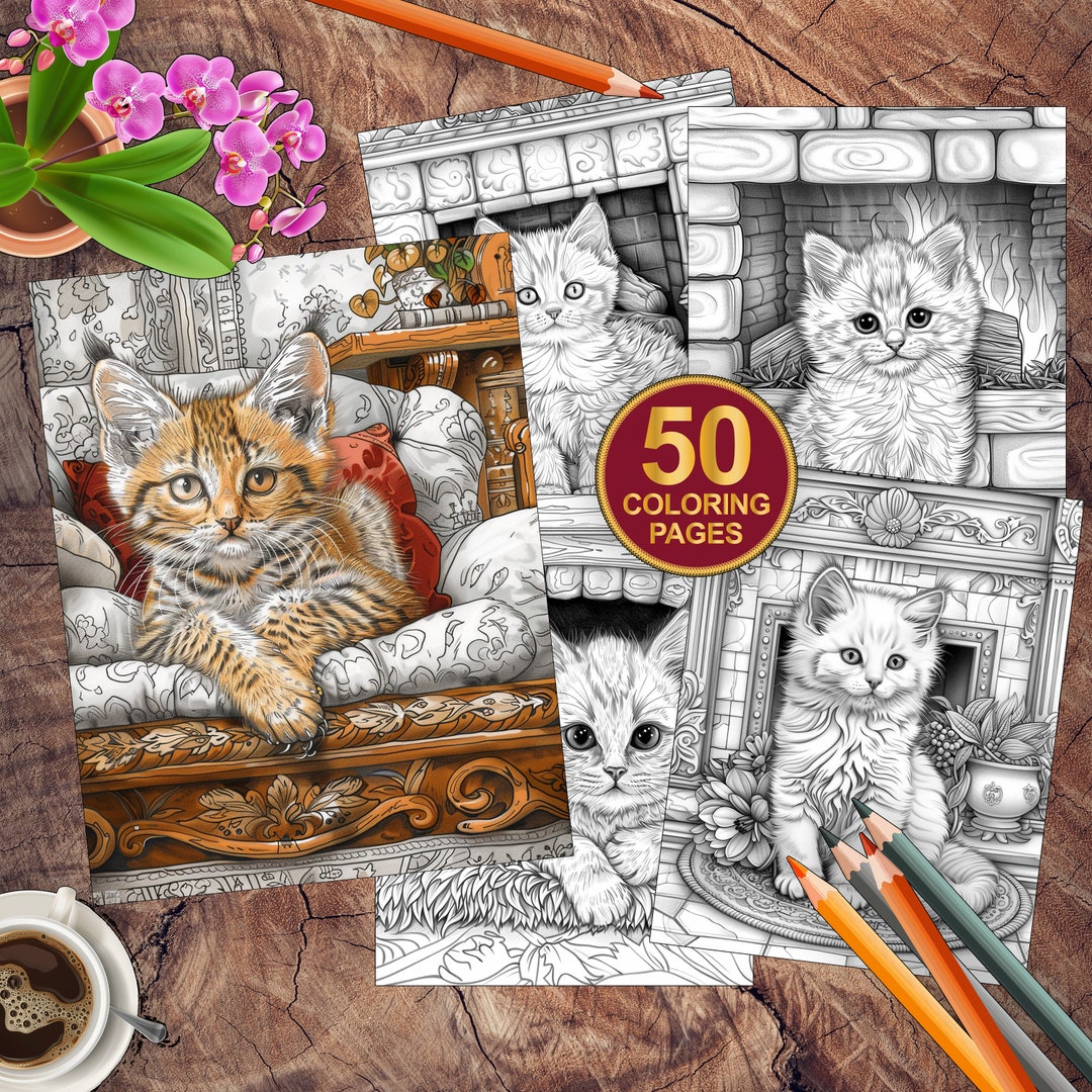 50 Cozy Cats Printable Coloring Pages | Printable Pdf | Grayscale ...