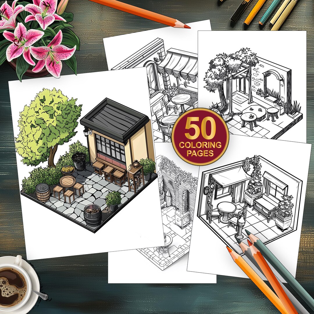50 Isometric Home Patio Coloring Pages Pocket Room Coloring Book ...